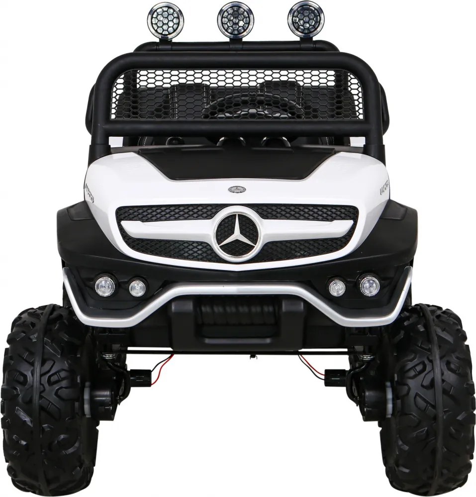 Ramiz Mercedes Benz Unimog elektrické autíčko pro děti bílé + pohon 4x4 + dálkové ovládání + nosič zavazadel + pomalý start + MP3 + LED
