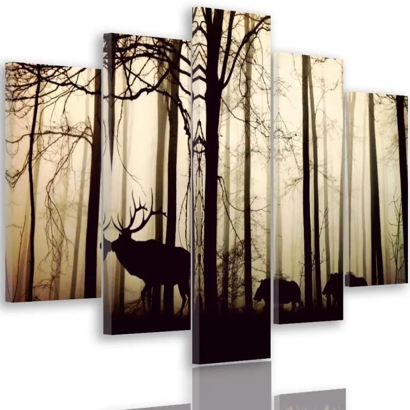 Obraz na plátně pětidílný Jelen v lese Fog Brown - 200x100 cm