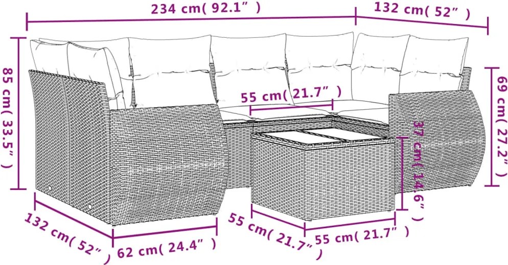 7dílná zahradní sedací souprava s poduškami šedá polyratan 3253457