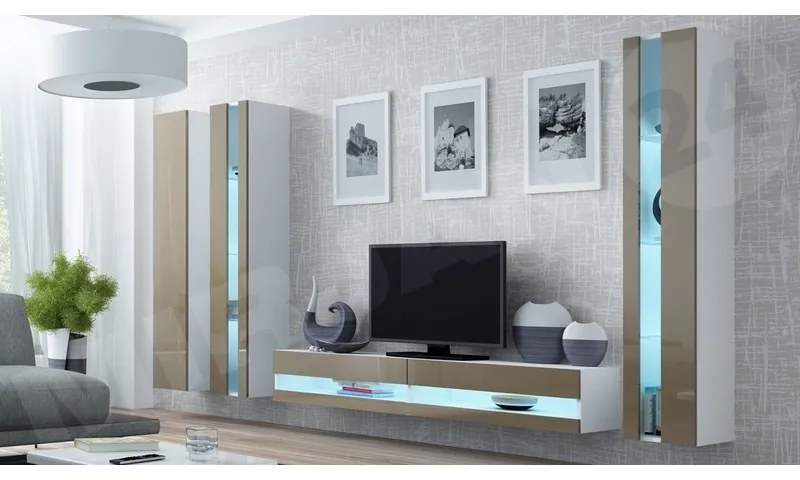 Obývací stěna Zigo New VI, Osvětlení: osvětlení LED - modré, Barva: bílá / bílá lesk