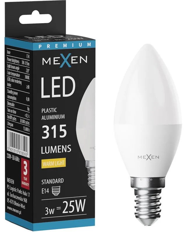 Mexen Nova LED žárovka E14, C37, 3W, Teplá - 3000K, 315 lm - L102-E14-0330-01