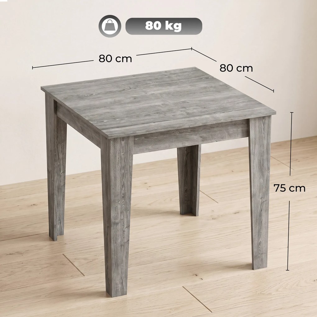 HOMCOM jídelní stůl pro 4 osoby, čtvercový kuchyňský stůl 80x80x75 cm s protiskluzovými nožičky, šedý dřevěný efekt
