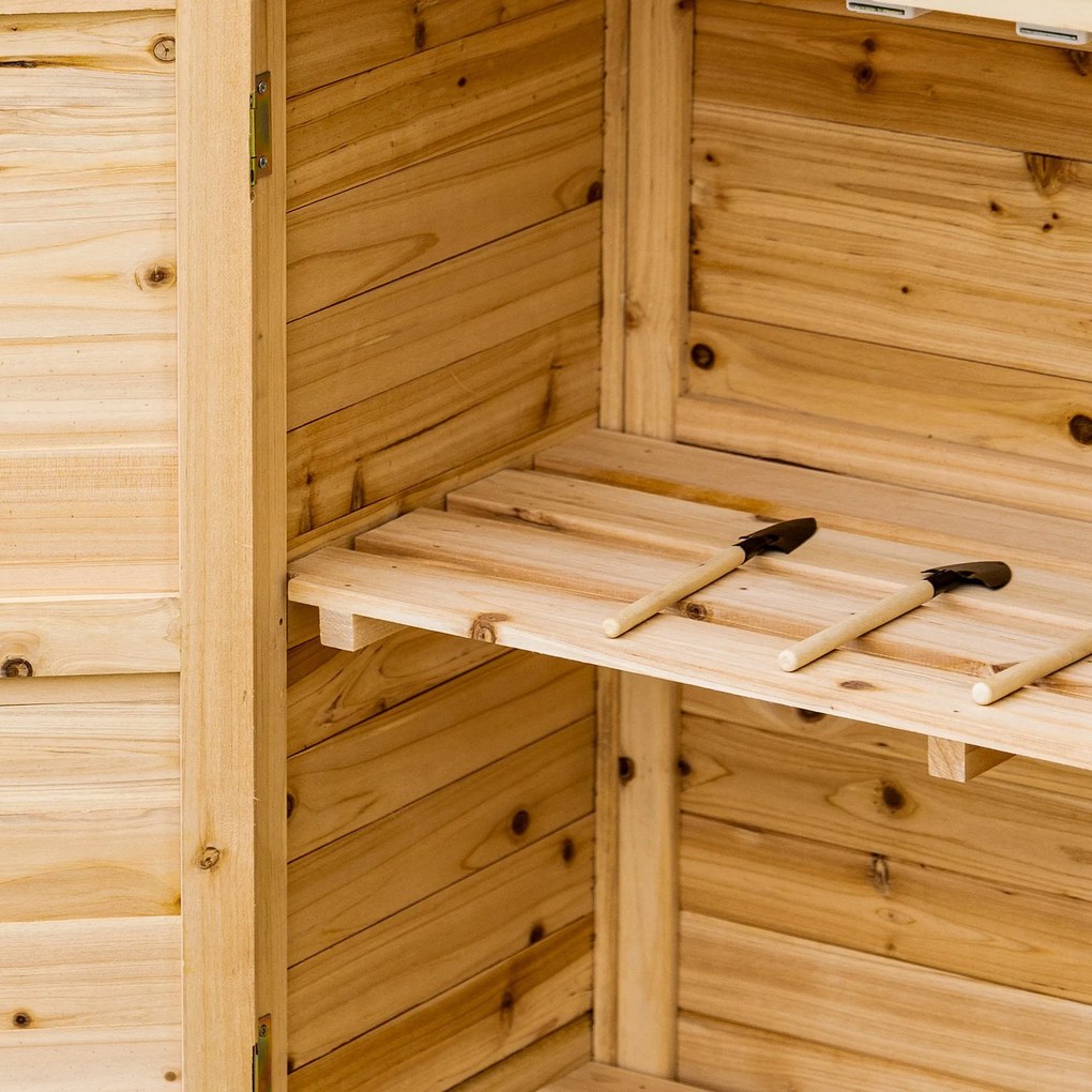 Dřevěný zahradní skříň Outsunny - Úložný shed s 2 dveřmi, policí a zdviženými nohami pro terasu a patio 83x40x92 cm - Přírodní