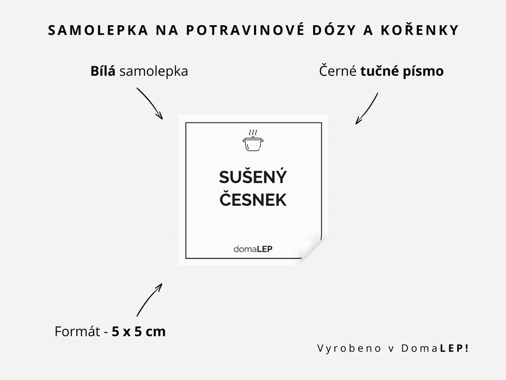 SUŠENÝ ČESNEK - omyvatelná samolepka na kořenky, výběr rozměrů Ø 5 cm / 5 x 5 cm / 6 x 8 cm | DomaLEP tvar: OBDÉLNÍK, barva: BÍLÁ - ČERNÉ písmo, velikost: š. 6 cm x v. 8 cm – základní písmo