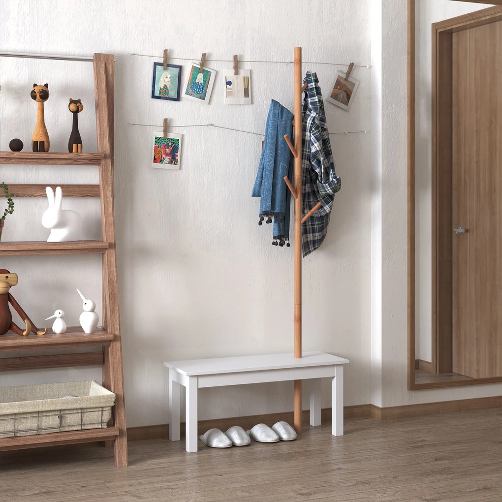 HOMCOM Stojan na kabáty ve tvaru stromu s lavicí, moderní, 6 háčků na zavěšení oblečení a tašek do chodby a vstupu, bambus a MDF, 80x30x180 cm | Aosom