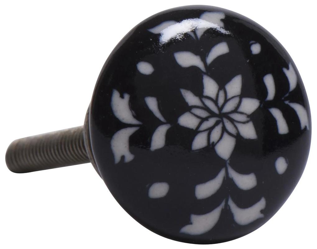 IB LAURSEN Porcelánová úchytka Flower pattern, černá barva, porcelán