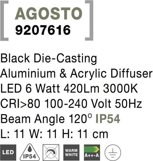 NV 9207616 Venkovní nástěnné svítidlo AGOSTO černý hliník a akrylový difuzor LED 6W 3000K 100-240V 120st. IP54 - NOVA LUCE
