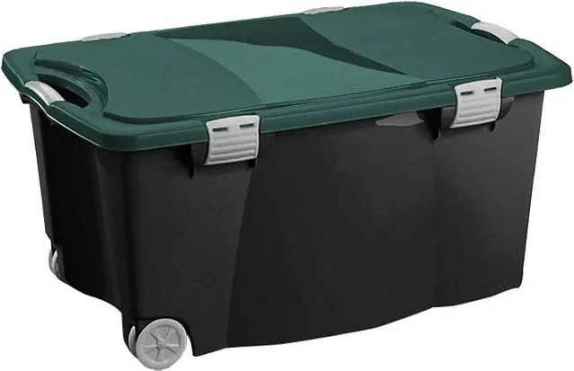 Box s víkem na kolečkách, 80 × 52 × 41 cm, 100 l, černá, zelená