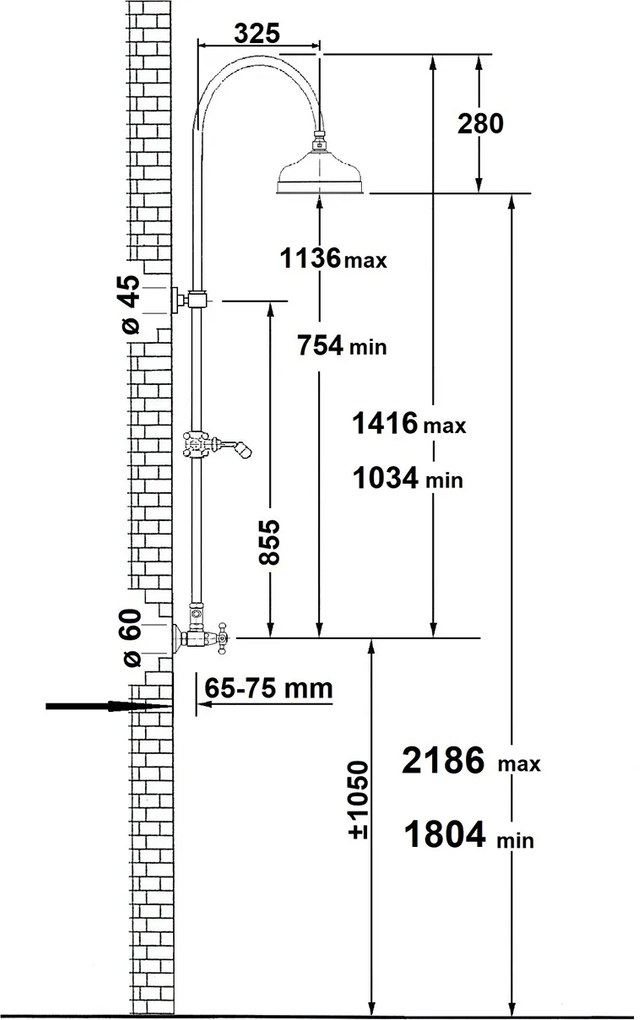 Reitano Rubinetteria ANTEA retro sprchový sloup k napojení na baterii, hlavová, retro ruční sprcha, zlato SET035