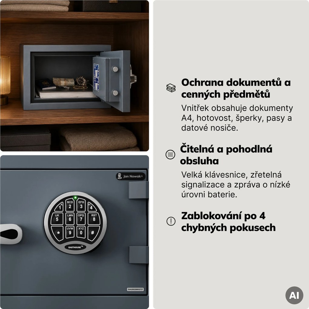 Trezor S2 bezpečnostní, ohnivzdorný, elektronický na kód, na dokumenty, 400x280x340 mm: EDGAR