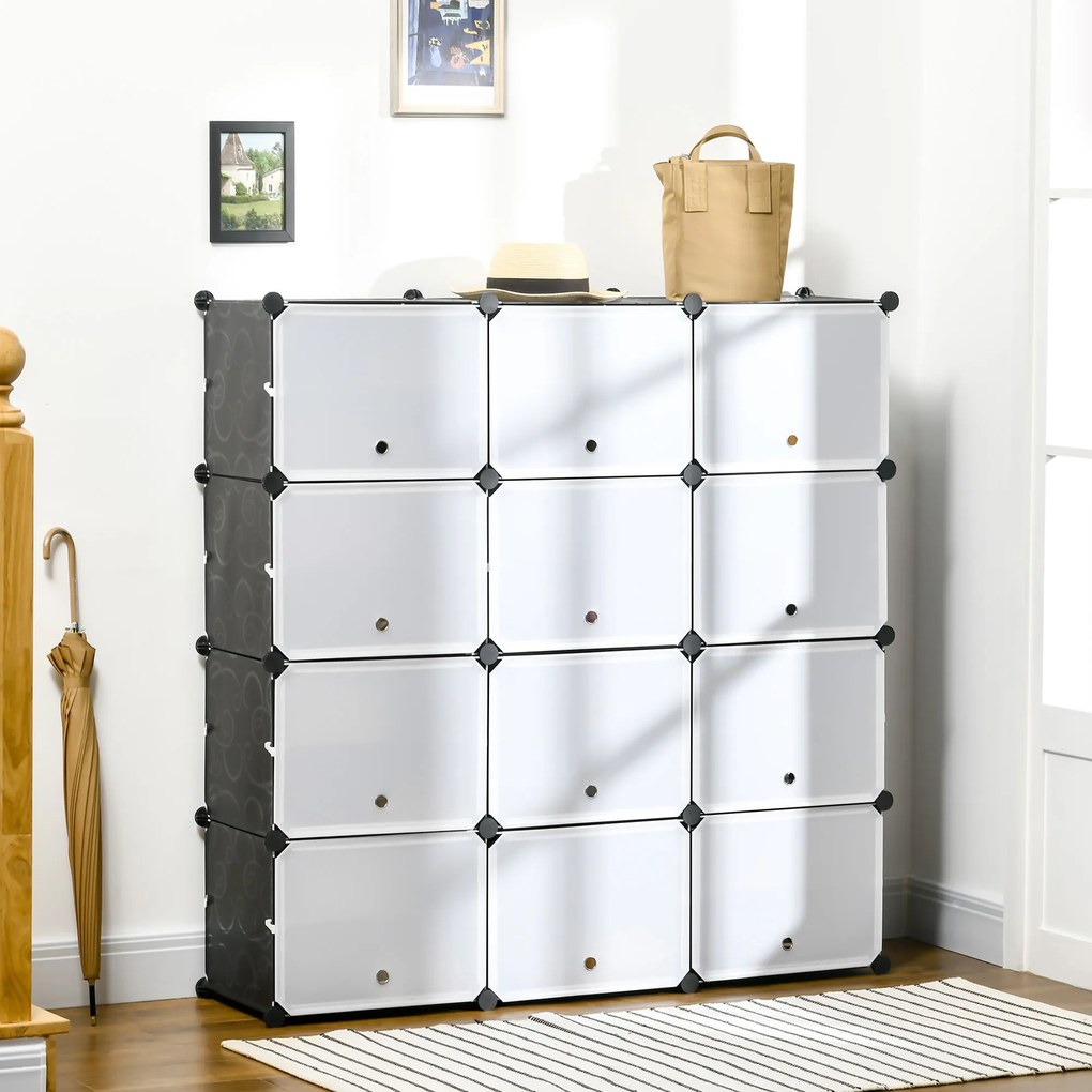 HOMCOM Botník Úložný box s 12 kostkami DIY zásuvný regál s dvířky Plastová ocel Černá+bílá 125 x 32 x 125 cm | Aosom