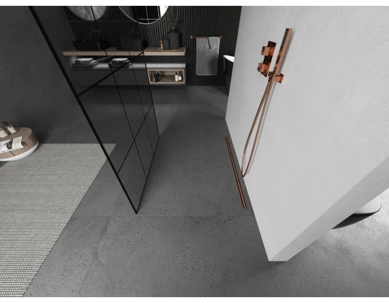 Mexen Kioto, sprchová zástěna Walk-In 110 x 200 cm, 8mm sklo černý vzor, ​​měděný matný profil, 800-110-002-65-77