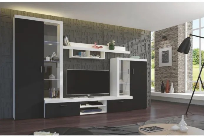 Moderní obývací stěna Ponziano bílo-černá - s komodou a LED osvětlením