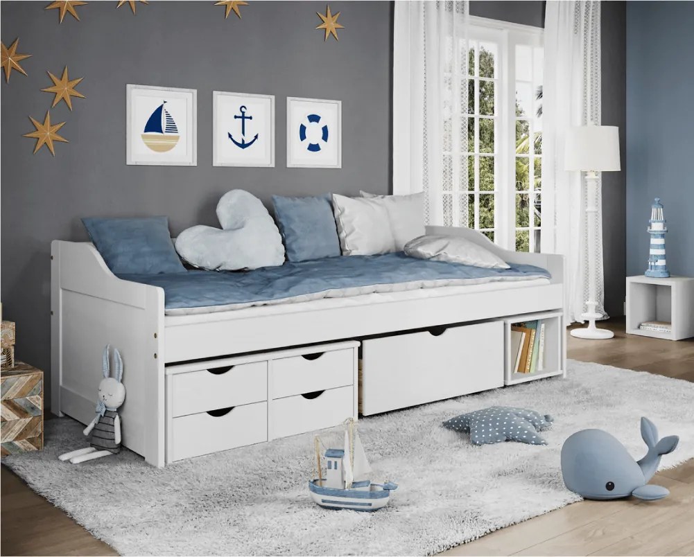 Postel s úložným prostorem, bílá, masiv, 90x200, MAXI NEW