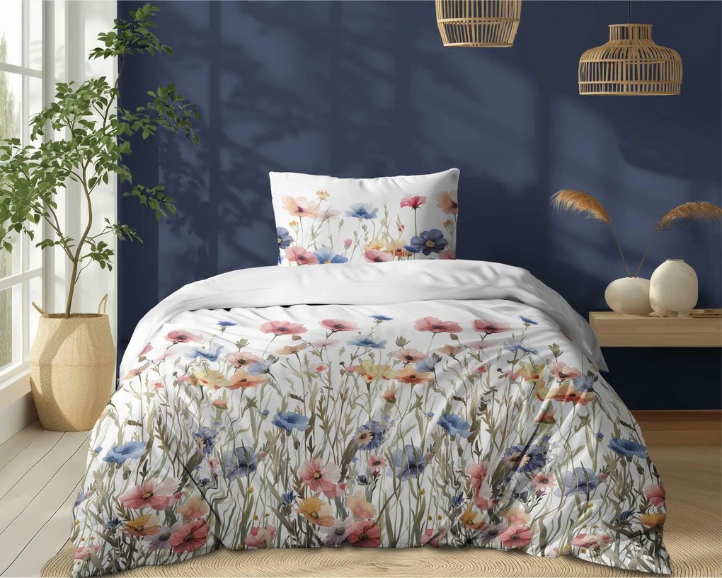 Detexpol Bavlněné povlečení 140x200 Bílé s letními lučními květy - barevné povlečení v boho stylu, 100% bavlna - 5341 A - Soft Meadow