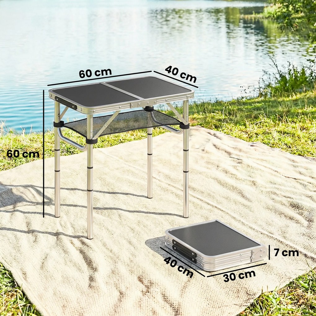 Outsunny skládací kempingový stůl z hliníku, obdélníkový 60 × 40 × 60 cm, madlo, 4 výšky, síťové úložiště — černý