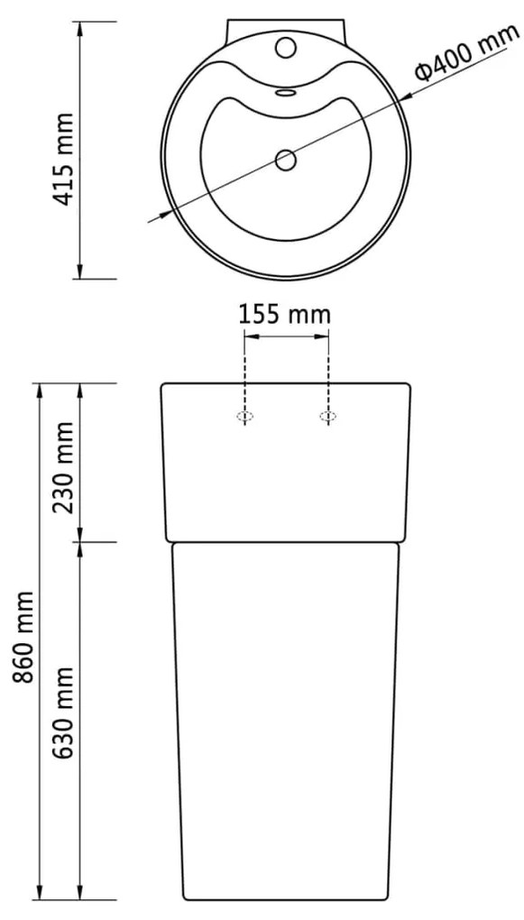 vidaXL Stojací umyvadlo keramické kulaté bílé, otvor na baterií, přepad