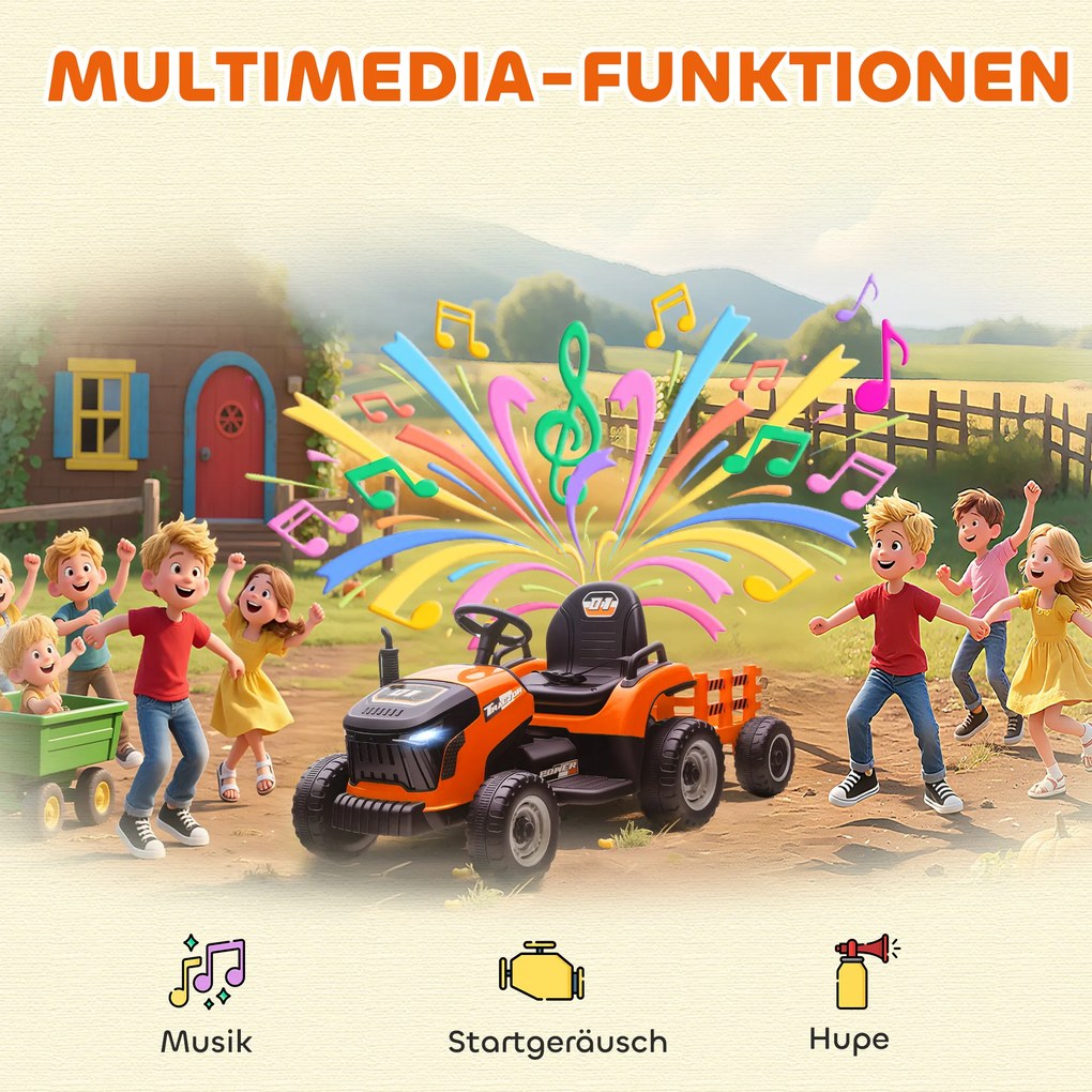 AIYAPLAY Elektrický dětský traktor, sedací traktor s dálkovým ovládáním, měkký start, pro děti ve věku 3-8 let, oranžový