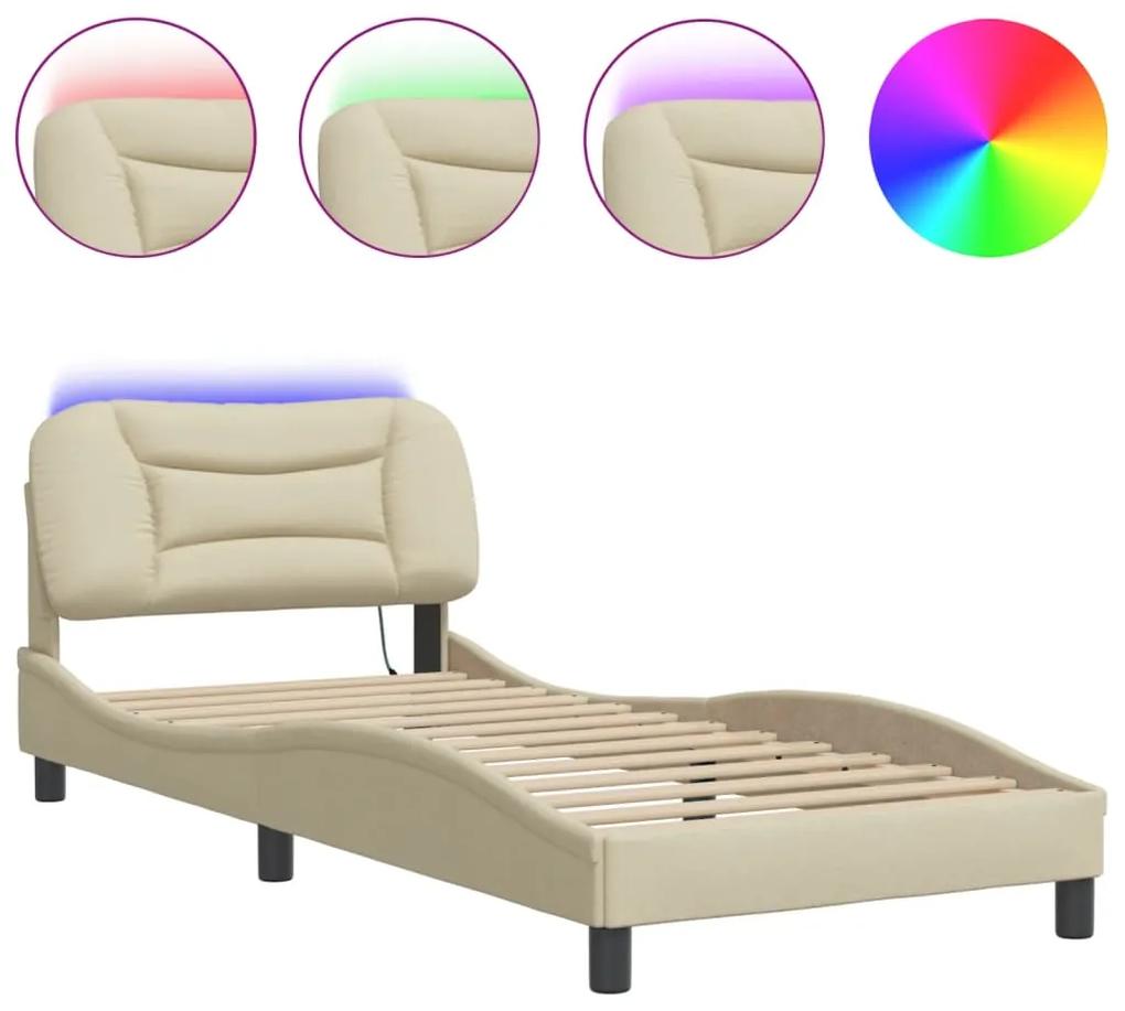 vidaXL Rám postele s LED osvětlením krémový 90 x 200 cm textil