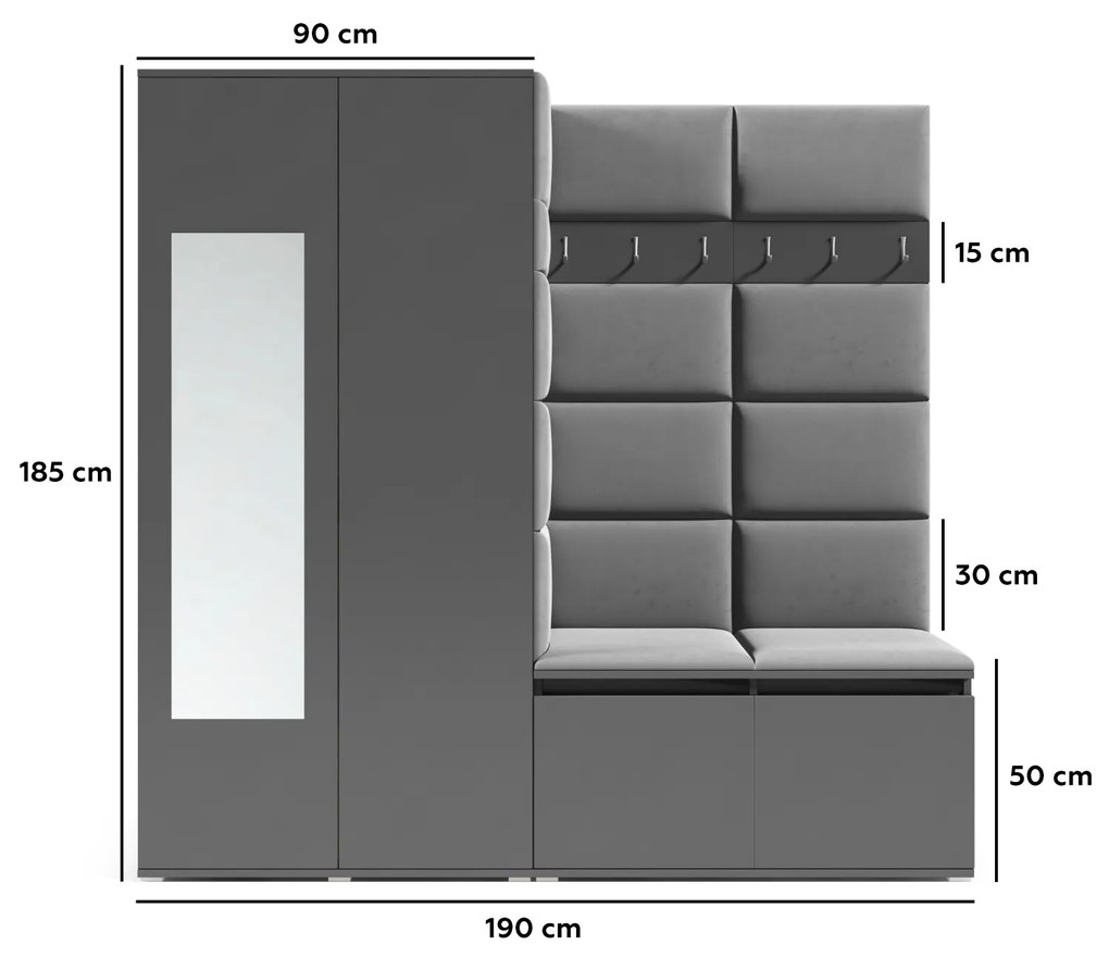 Eka Předsíňová stěna s čalouněnými panely Trinity 8 - Dub Artisan s černou / Tmavá zelená 2328