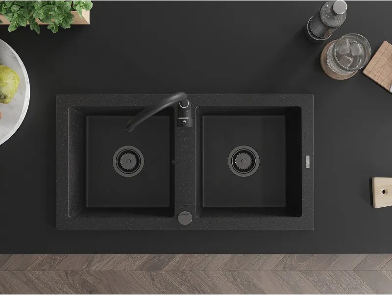 Mexen Mario, granitový dřez 820x436x161 mm, 2-komorový, černá-stříbrná metalíza s černým sifonem, 6504822000-73-B