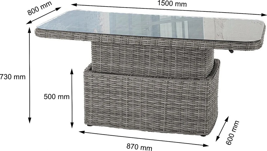DEOKORK Ratanový stůl výsuvný jídelní/odkládací 150 x 80 cm BORNEO LUXURY (šedá)