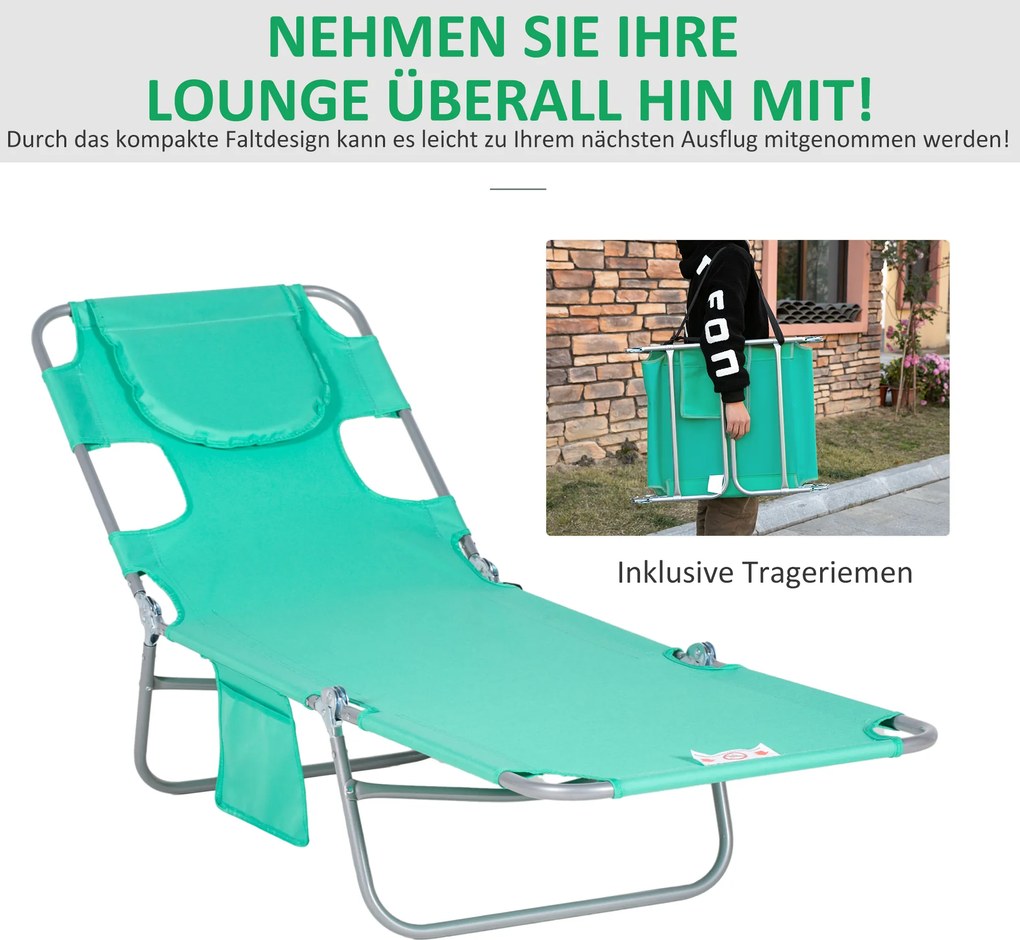 Gartenliege, Liegestuhl mit gepolsterter Gesichtsöffnung, Massage-Liege für draußen, Seitentasche, Stoff, Metall, Grün