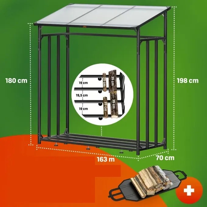 Gardebruk® Stojan na dřevo antracitový s krytem + taška 198x163x70cm