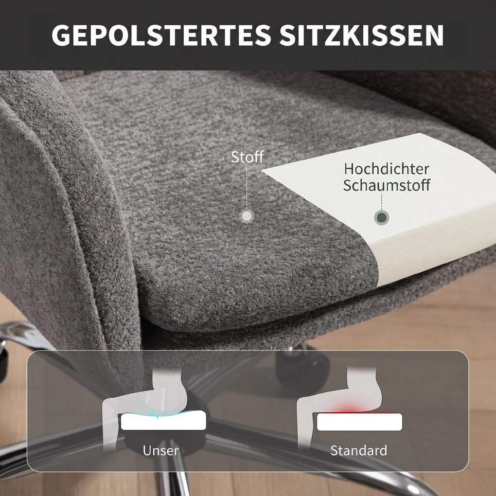 HOMCOM ergonomická kancelářská židle z jemného flanelu — otočná, nastavitelná, šedá