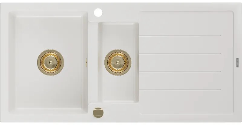 Mexen Andres 1,5-miskový granitový dřez s odkapávačem 1000 x 500 mm, Bílá, sifon Zlatá - 6515101510-20-G