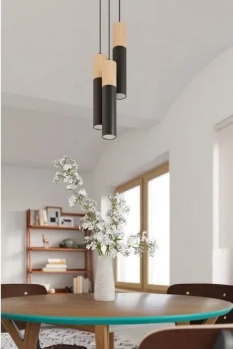 Závěsné svítidlo SOLLUX Pablo 3P GU10 3x40W bez zdroje ocel černá/přírodní dřevo SL.1014