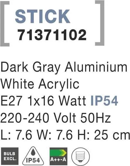 NV 71371102 Venkovní sloupkové svítidlo STICK tmavě šedý hliník bílý akryl E27 1x12W 220-240V IP54 bez žárovky - NOVA LUCE