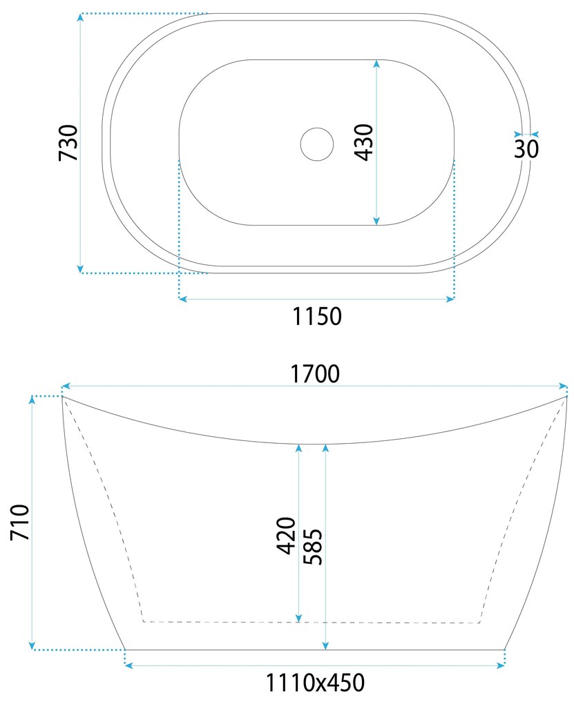 Volně stojící akrylátová vana REA ATENA 170x73 cm bílý, sifon Click-Clack - bílý