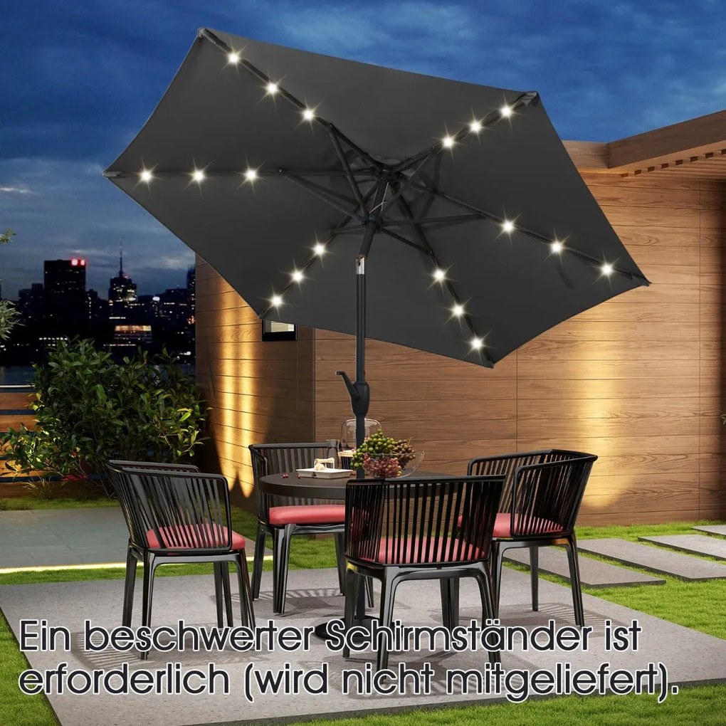 Costway Slunečník 230 cm s LED solárním osvětlením a klikou market, šedá