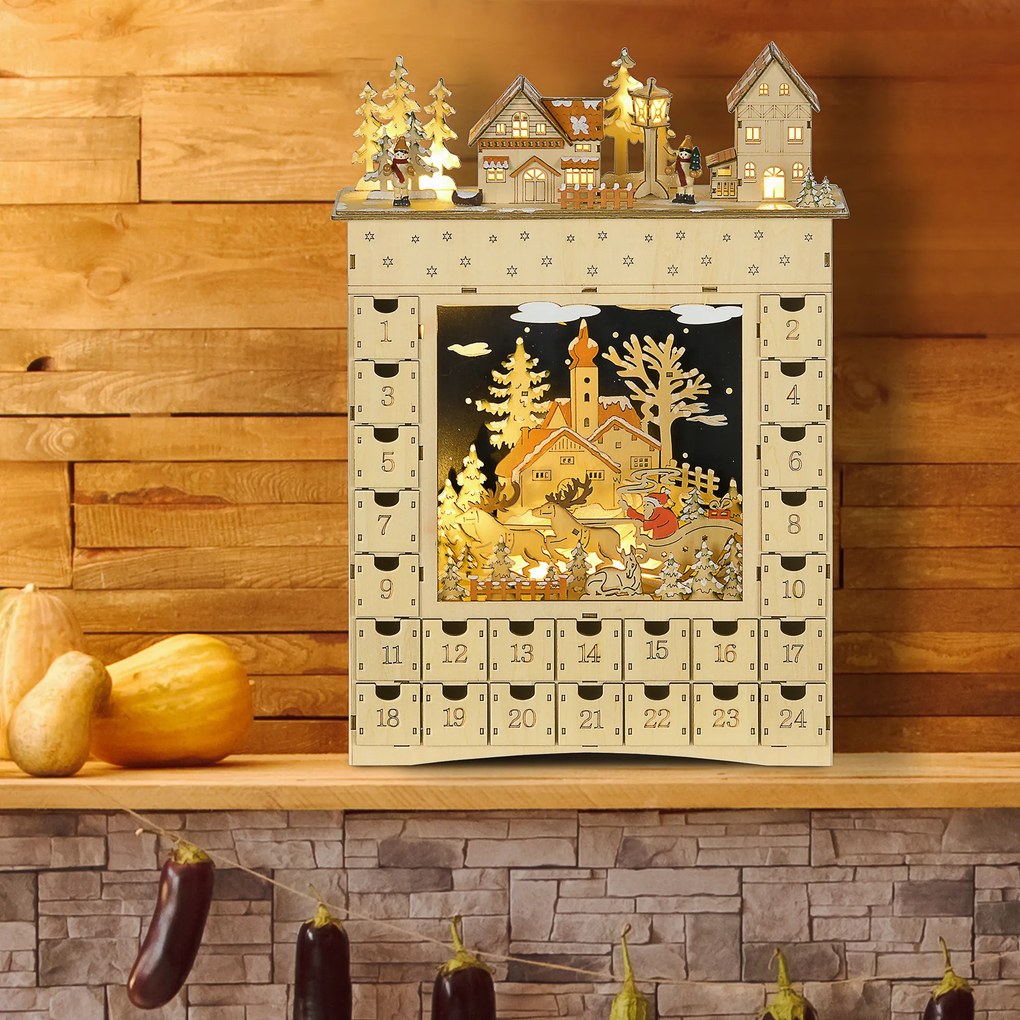 HOMCOM Adventní kalendář k naplnění, 24 šuplíků, přihrádky, vánoční kalendář s LED světly, přírodní dřevo, 36 x 9 x 52 cm