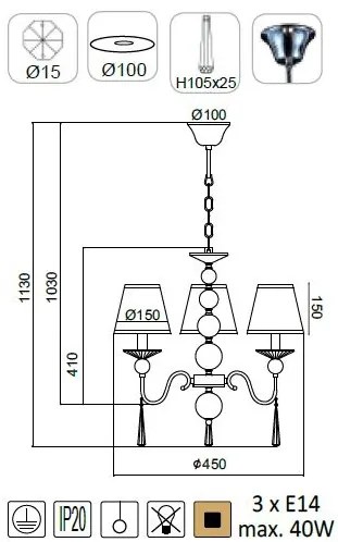 ACA DECOR Závěsné svítidlo EVITA max. 3x40W/E14/230V/IP20