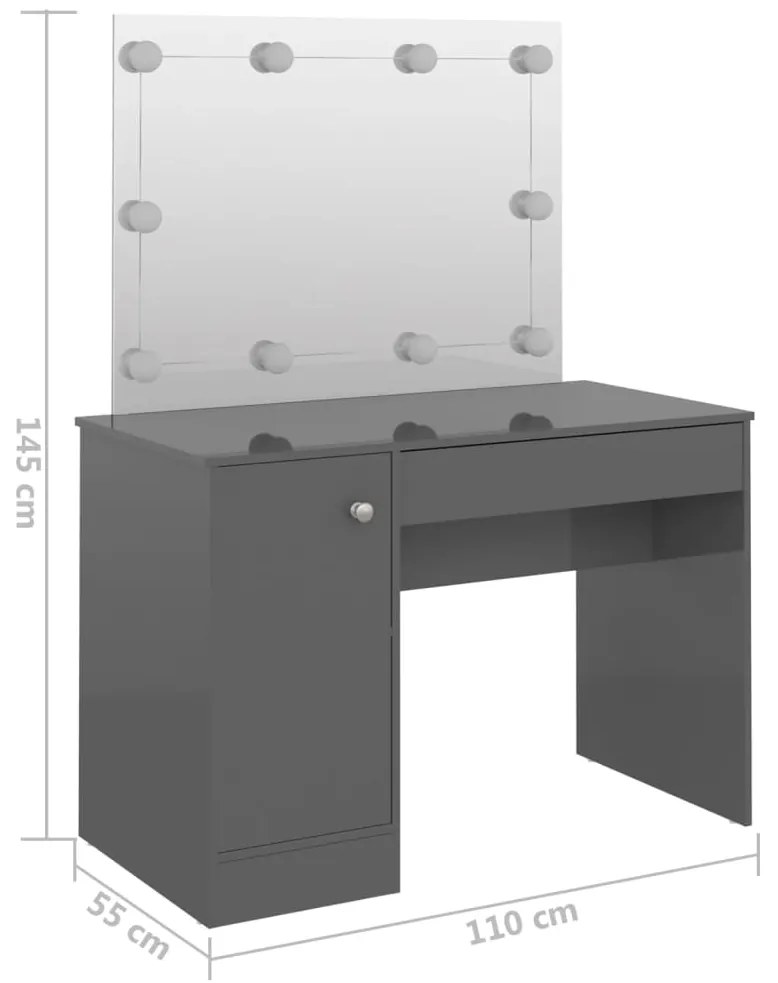 vidaXL Marketos Kosmetický stolek s LED světly 110x55x145 cm MDF zářivě šedý