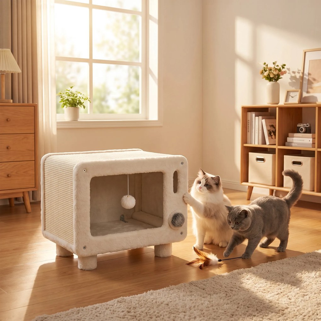 PawHut Kočičí dům ve stylu TV, kočičí jeskyně s houpací sítí a hracím míčkem, škrábací rohož z lnu, pro kočky do 7 kg, 50 x 33 x 42 cm