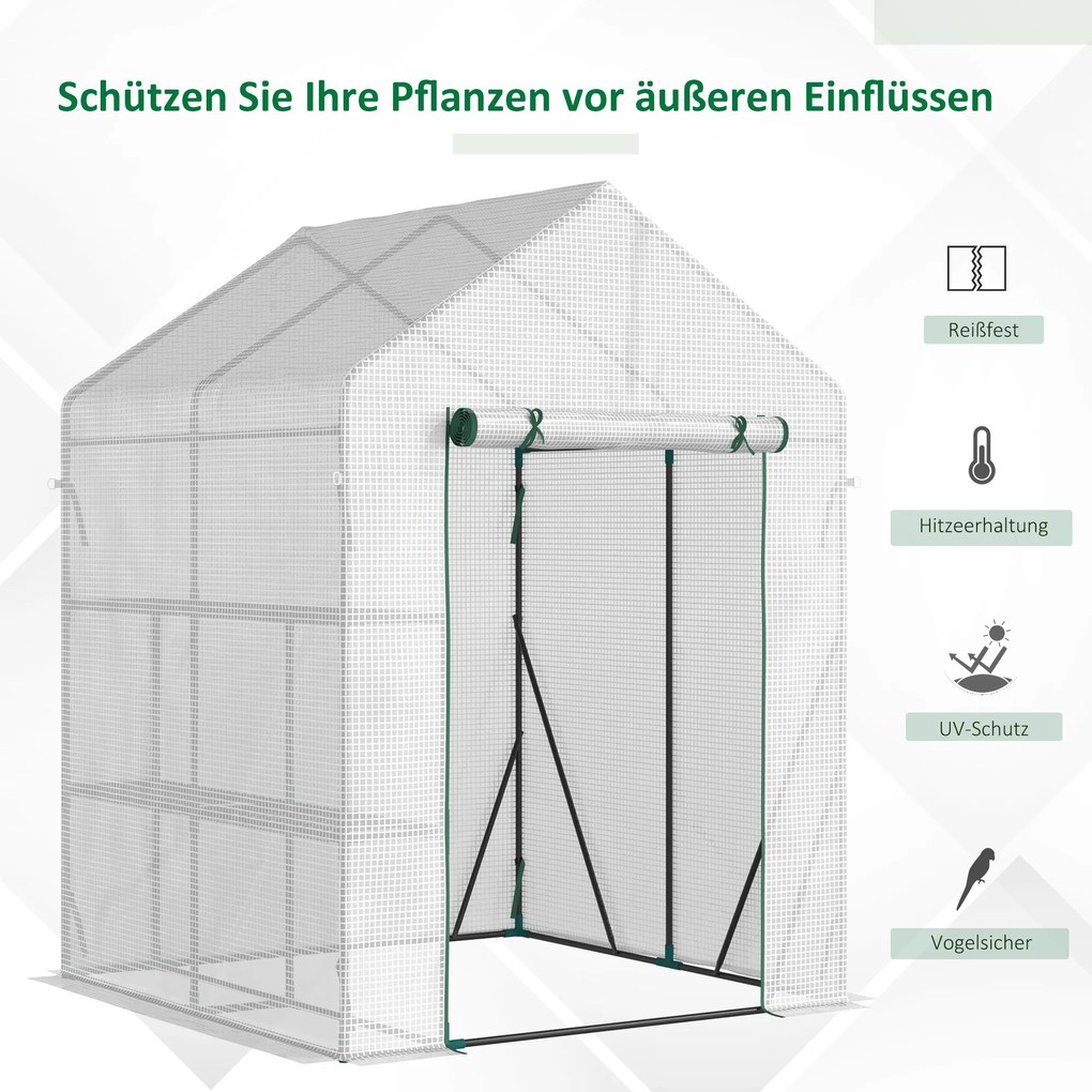 Outsunny Fóliový skleník Walk-in se 4 policemi Skleník na rajčata Skleník se studeným rámem Bílý PE 143x143x195cm pro zahradu a rostliny | Aosom.de