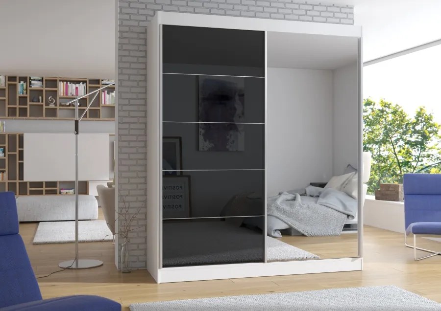 Šatní skříň zrcadlové dveře bílo-černá Tomar 180 cm