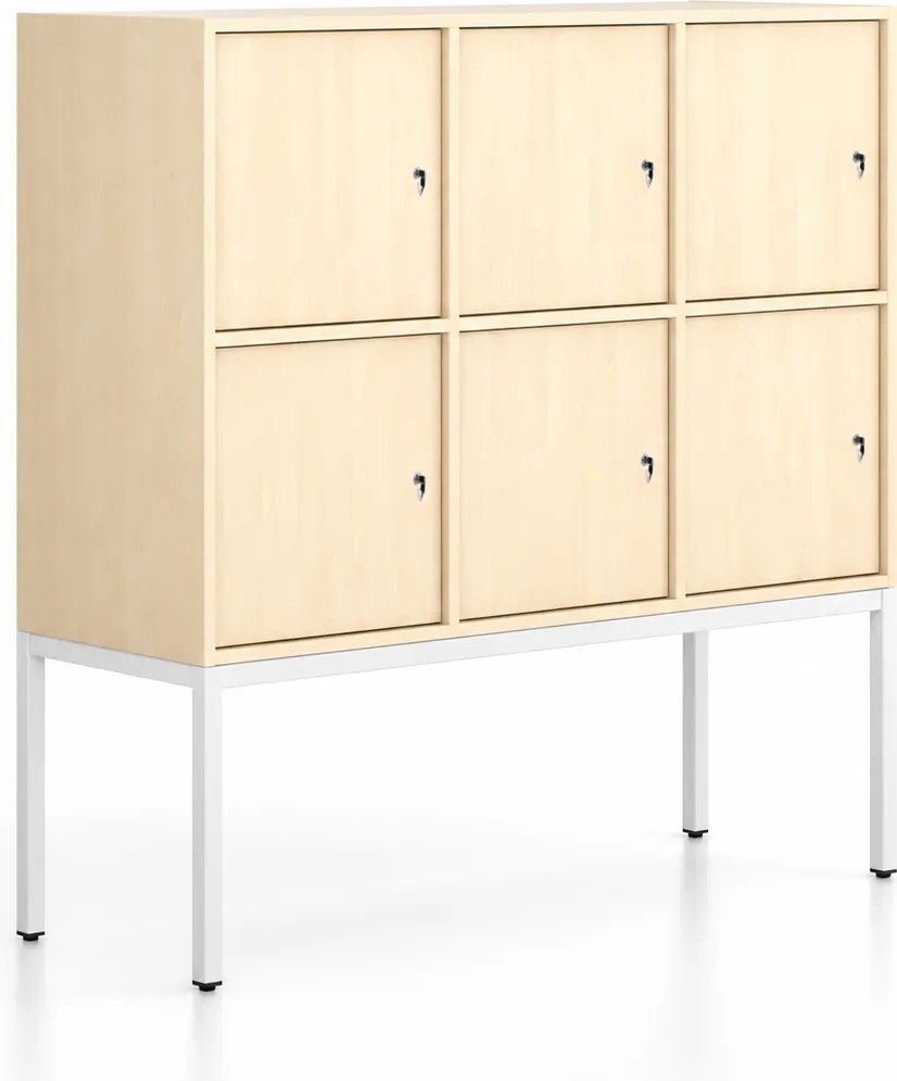 Kancelářská skříň FRAME, nízká, bílá podnož, 6x dveře, 1299 x 450 x 1331 mm, cylindrický zámek, bříza