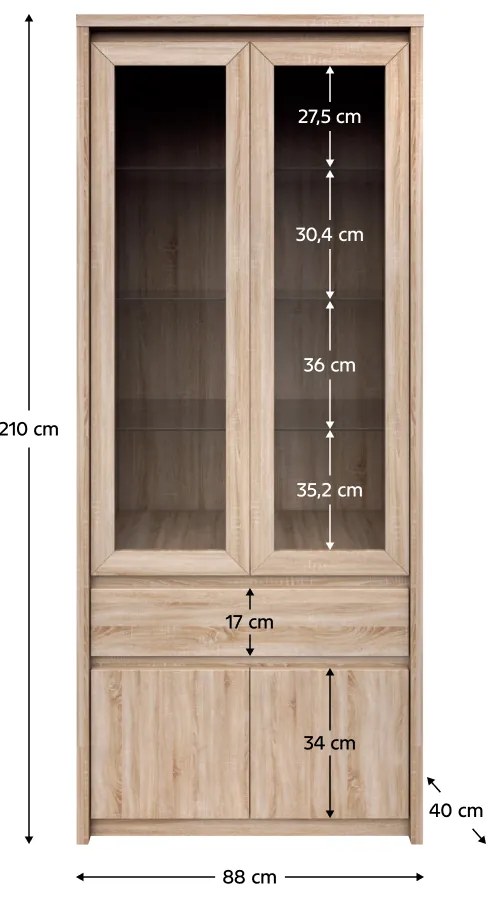 Kondela Vitrína se šuplíkem 2D2W1S, dub sonoma, NORTY TYP 3