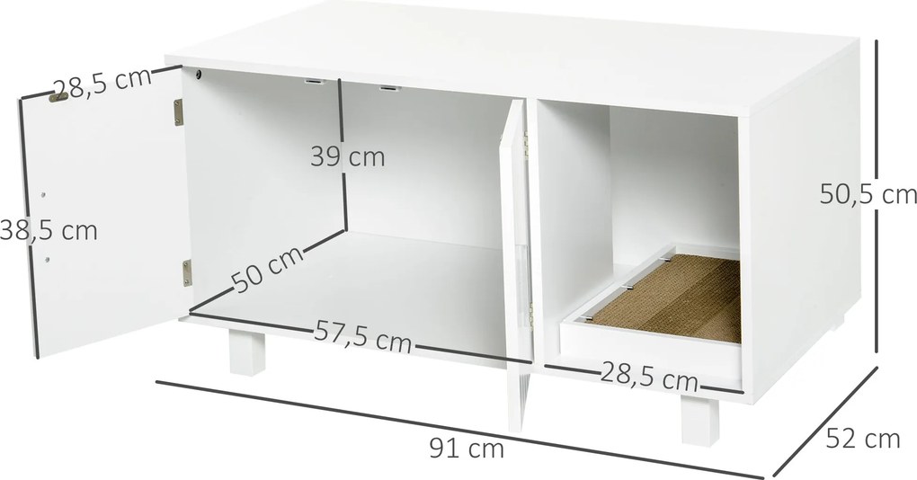 Nábytek PawHut pro kočičí toaletu s škrabadlem a dvířky, 91x52x50,5 cm, Bílá