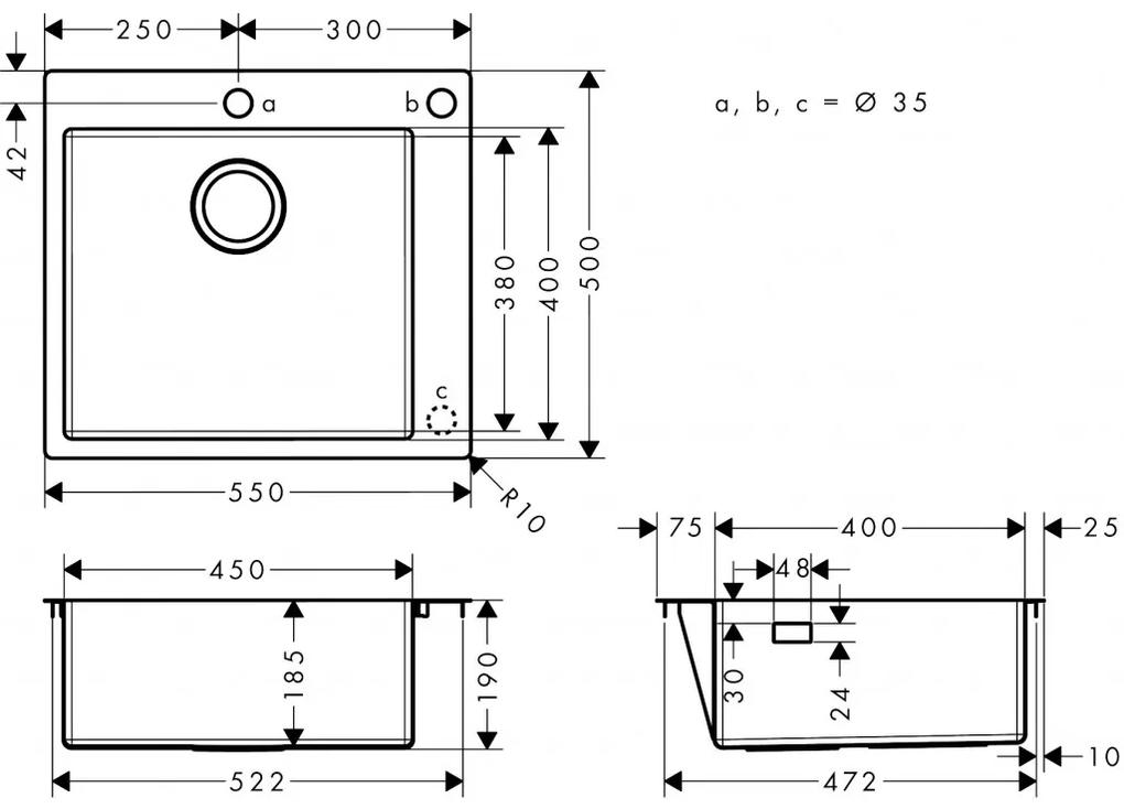 Hansgrohe - Nerezový dřez 550x500 mm s 1 otvorem pro baterii a ovládání odtoku, nerezová ocel 43305800