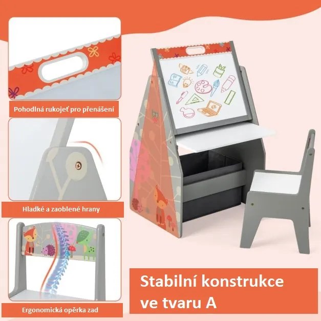 Dětský víceučelový oboustranný stojan na kreslení 3v1 se stoličkou, šedý TP10174GR