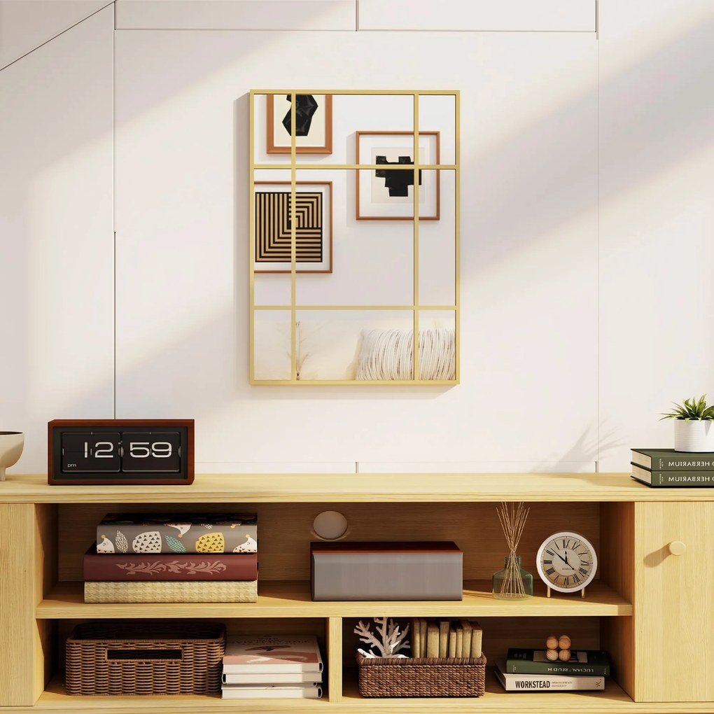 HOMCOM obdélníkové nástěnné zrcadlo, 70 × 50 cm — okénkový zlatý kovový rám