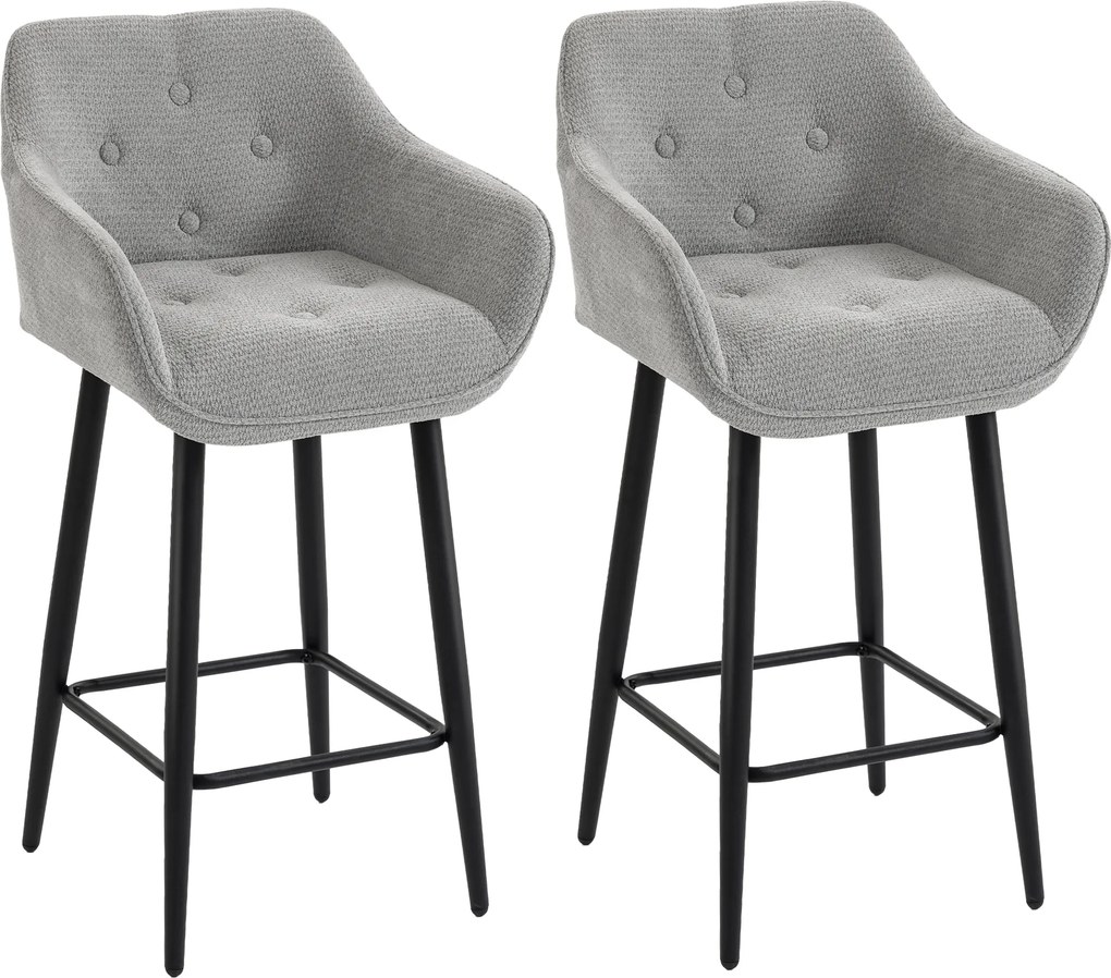 Sada HOMCOM – 2 barové stoličky, čalouněné chenille barové židle, výška sedadla 67 cm, opěrka a podnožky, šedé