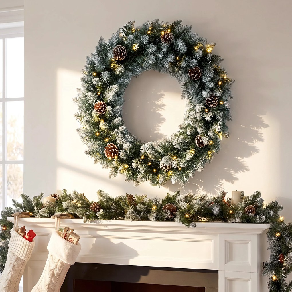 HOMCOM Vánoční věnec 60 cm Osvětlený věnec na dveře s 50 LED Šišky Umělý sníh na Vánoce Adventní dveře