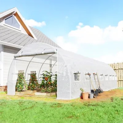 Outsunny tunelová skleník 24 m² 8L x 3l x 2H m - 16 oken, rolovací dveře na zip, pozinkovaný ocelový rám, PE kryt, bílá