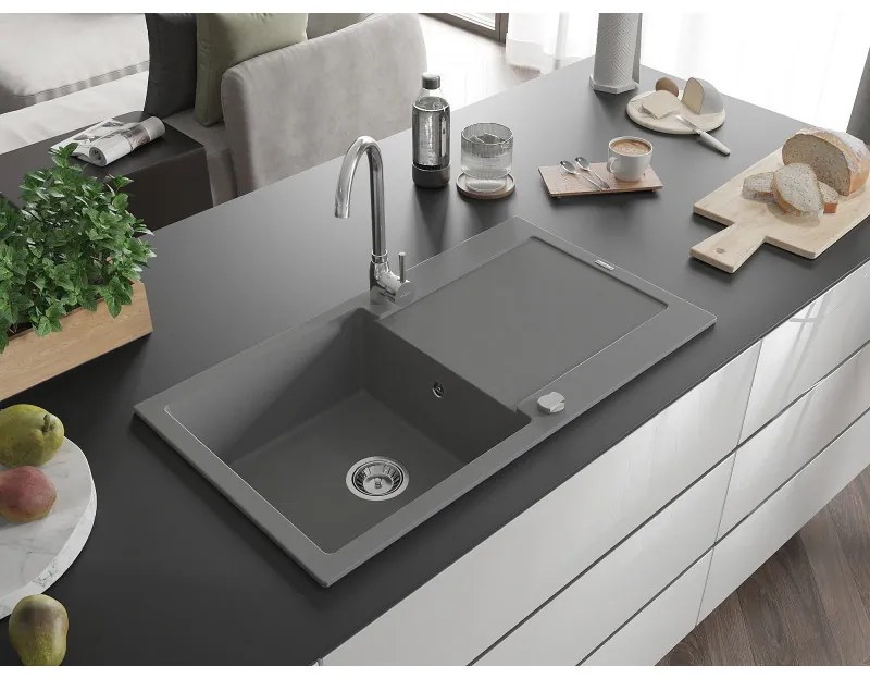 Mexen Leo, 1-komorový granitový dřez s odkapávačem 90x50 cm a kuchyňskou baterií Telma, šedá, 6501-71-670200-00